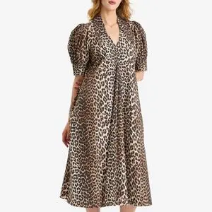 GANNI Printed Poplin Midi Dress - Leopard