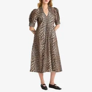 GANNI Printed Poplin Midi Dress - Leopard