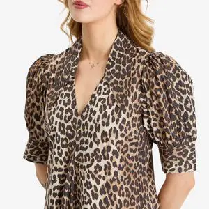 GANNI Printed Poplin Midi Dress - Leopard