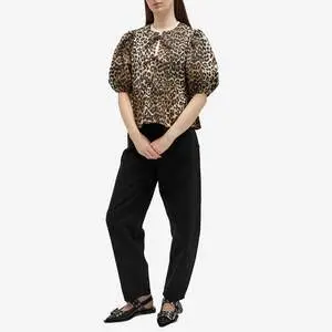 GANNI Printed Cotton Poplin Peplum Blouse With Puff Sleeves And Front Ties - Leopard