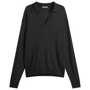 Auralee Cashmere Silk Knit Skipper Polo - Black