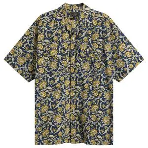 BEAMS Block Print Open Collar Shirt - Blue