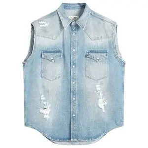 MAISON MARGIELA Sleeveless Distressed Denim Shirt - Medium Blue