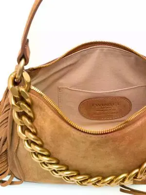 TWINSET Suede And Calfskin Shoulder Bag With Fringed Trim - Brown