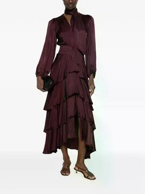 Maje Burgundy Satin Pussy-bow Asymmetrical Tiered Maxi Dress