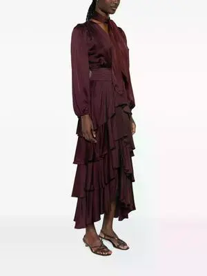 Maje Burgundy Satin Pussy-bow Asymmetrical Tiered Maxi Dress