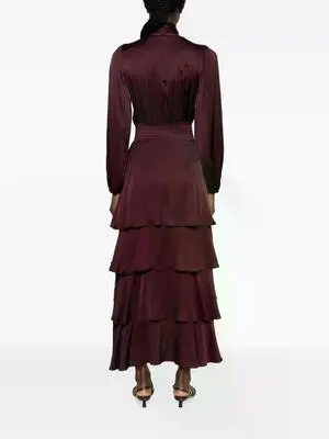 Maje Burgundy Satin Pussy-bow Asymmetrical Tiered Maxi Dress