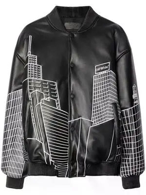 Off-White Skyline Leather Bomber Jacket - Black