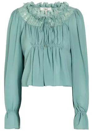 Chloé Ruffled Lace-trim Silk Blouse - Blue