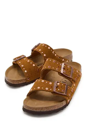 BIRKENSTOCK Arizona Studded Suede Sliders - Tan