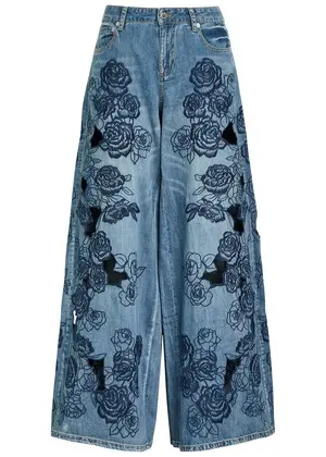 Alice + Olivia Sidney Floral-embroidered Wide-leg Jeans - Blue
