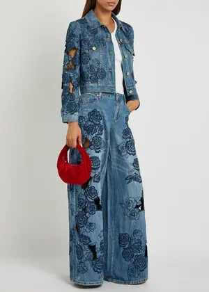 Alice + Olivia Sidney Floral Embroidered Wide-leg Jeans