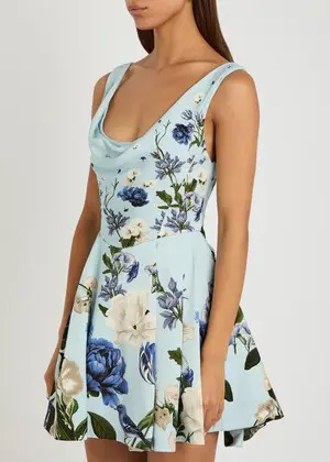 Alice + Olivia Estrella Floral Print Cowl Neck Mini Dress - Blue