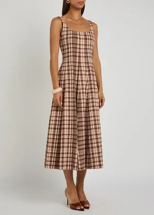 Staud Wells Checked Linen-blend Midi Dress - Multicoloured