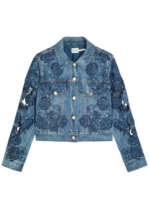 Alice + Olivia Chloe Embroidered Cut-out Denim Jacket - Blue