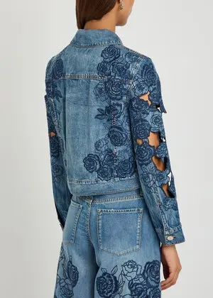 Alice + Olivia Chloe Embroidered Cut-out Denim Jacket