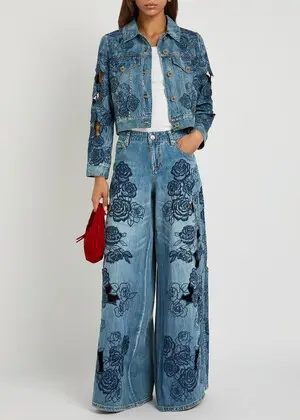 Alice + Olivia Chloe Embroidered Cut-out Denim Jacket