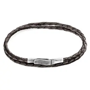 ANCHOR & CREW Brown / Silver Dark Brown Liverpool Silver & Braided Leather Bracelet - Brown/silver