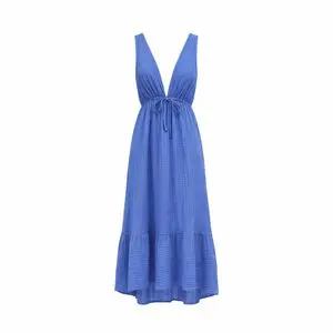 Haris Cotton Maxi Dress In Textured Cotton With Deep V Neck Regatta - Blue