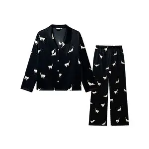 Not Just Pajama Cats Edition Silk Pajamas Long Set - Black