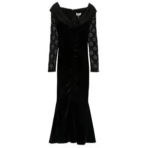 NISSA Floral-appliqué Velvet Midi Dress - Black