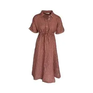 Haris Cotton Striped Linen Button Front Dress With Drawstring Waist Blush Gold - Brown