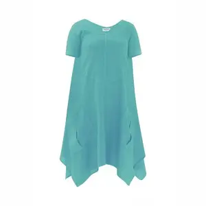 Haris Cotton Blue / Green Solid Asymmetrical Hem Linen Dress With Front Pockets Crystal Blue - Blue/green