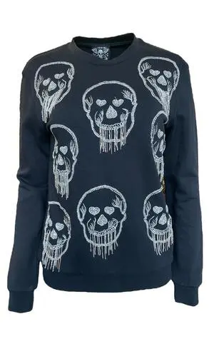 ANY OLD IRON Black / Silver Silver Beaded Skull Fringe Sweatshirt - Black/silver