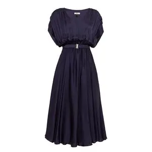 NISSA Belted Viscose Midi Dress Navy - Blue