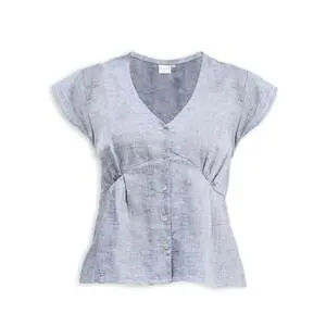 REISTOR Deep V-neck Short Linen Stripes Top - Grey
