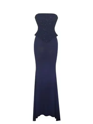 MISS CIRCLE NEW YORK Orabelle Beaded Peplum Mermaid Maxi Gown - Blue