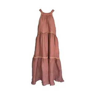 Haris Cotton Lace Incert Linen Gauze Strapped Maxi Dress Blush - Brown