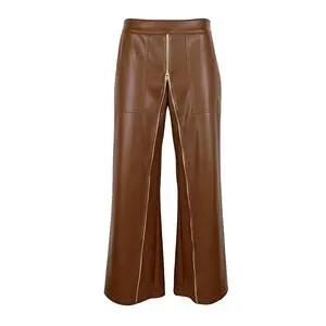 LALIPOP DESIGN Vegan Leather Wide-leg Trousers With Gold Zip Detail - Brown