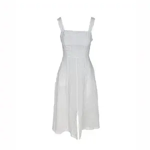 Haris Cotton Neutrals / Square Neck Striped Linen Tie Back Dress With Front Slit Ecru - Silver