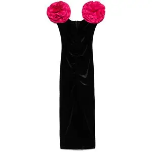 NISSA Floral-detail Velvet Midi Dress - Black