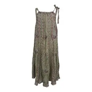 JOSHI Silk Beaded Olive Tie Shoulder Dress