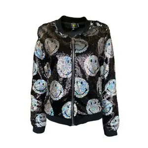 ANY OLD IRON Black / Silver Iridescent Smiley Reversible Sequin Bomber Jacket - Black/silver