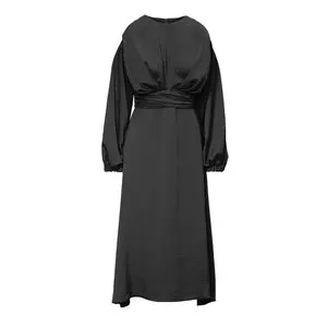 BLUZAT Midi Dress With Shoulder Pads Detail And Pleats - Black
