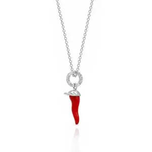UNALOE Silver / Red Sterling Silver Red Cornicello Pendant Necklace With Polished Silver Cap - Silver/red
