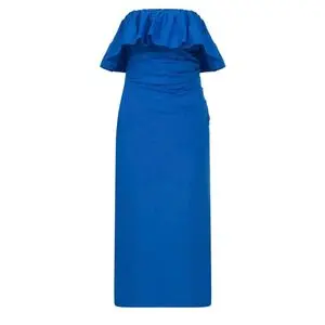 THISISU COLLECTION Seashell Midi Dress Strapless Linen Midi Dress With Ruffle Detail And Lining Aegean Wave - Blue