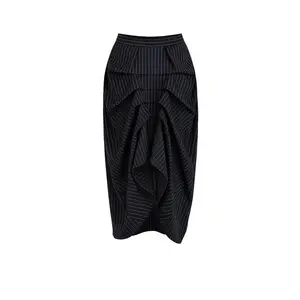 LUMINA ELIGMA Draped Stripe Midi Skirt - Black