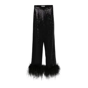 NISSA Feather-trimmed Sequined Pants - Black