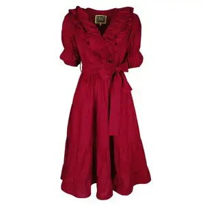 LALIPOP DESIGN Double-breasted V-neck Cotton Dress With Ruffles