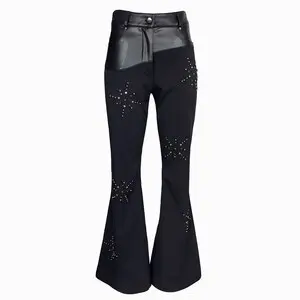 LALIPOP DESIGN Vegan Leather Trim Flared Pants With Stud Embellished Stars - Black