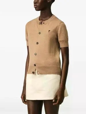 AMI Paris Wool Short-sleeve Cardigan With De Coeur Embroidery