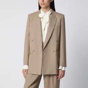 Valentino Garavani Double-breasted Pinstripe Jacket In Mud/ivory Virgin Wool - Beige