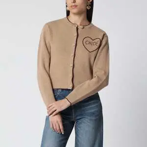 Chloé Light Wool And Cashmere Logo Cardigan - Brown