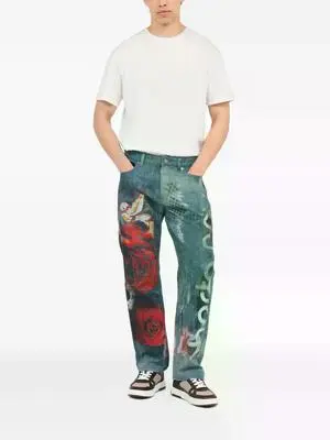 Roberto Cavalli Rose-print Cotton Jeans - Blue