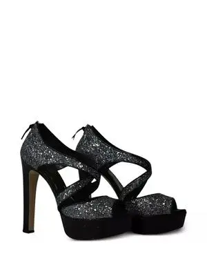 Miu Miu Glitter Criss-cross Platform High Block Heel Sandals