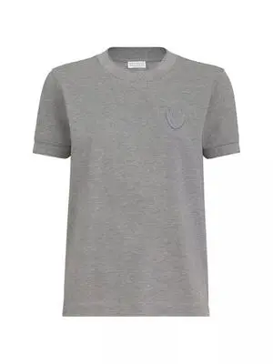Brunello Cucinelli Stretch-cotton Piqué T-shirt With Sparkling Cotton Knit Inserts And Logo - Grey